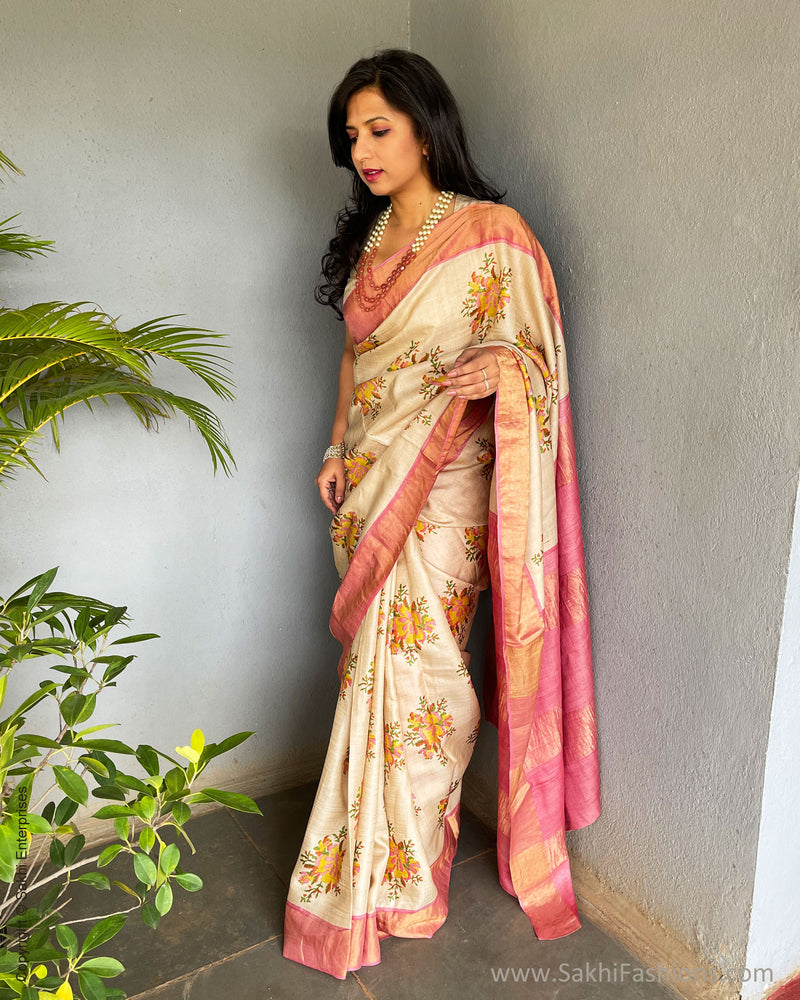 EE-S55030 Cream Flora Tussar Sari – sakhifashions