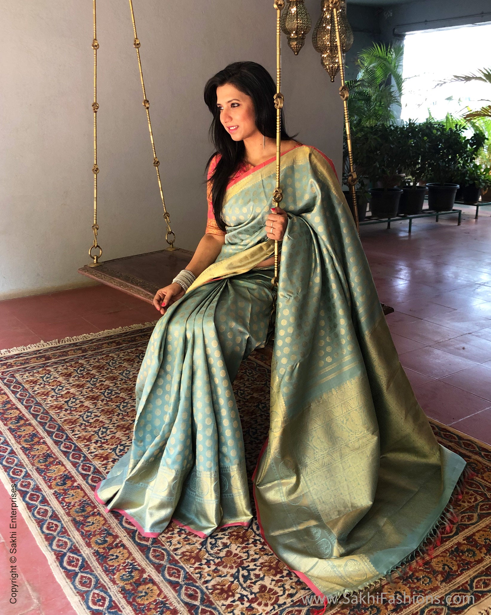 EE-S23317 Ice Blue & peach Kanchi Sari – sakhifashions